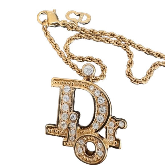 Dior | Jewelry | Christian Dior Crystal Logo Necklace Gold | Poshmark